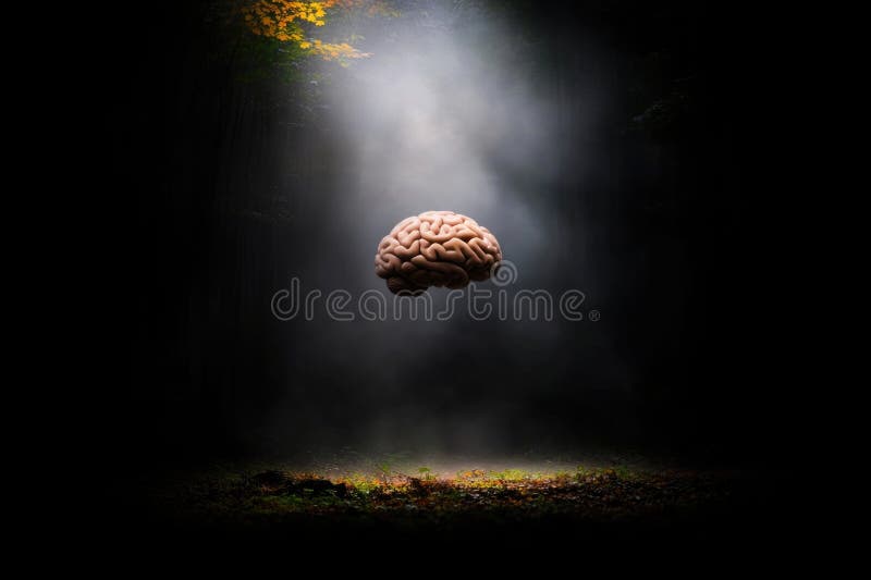 Mysterious Floating Brain in Dark Forest with Ethereal Light Stock ...