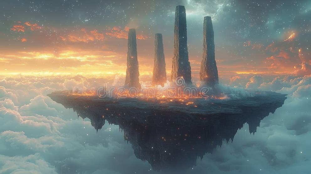 Mysterious Floating Island with Ancient Pillars Surrounded by Clouds ...