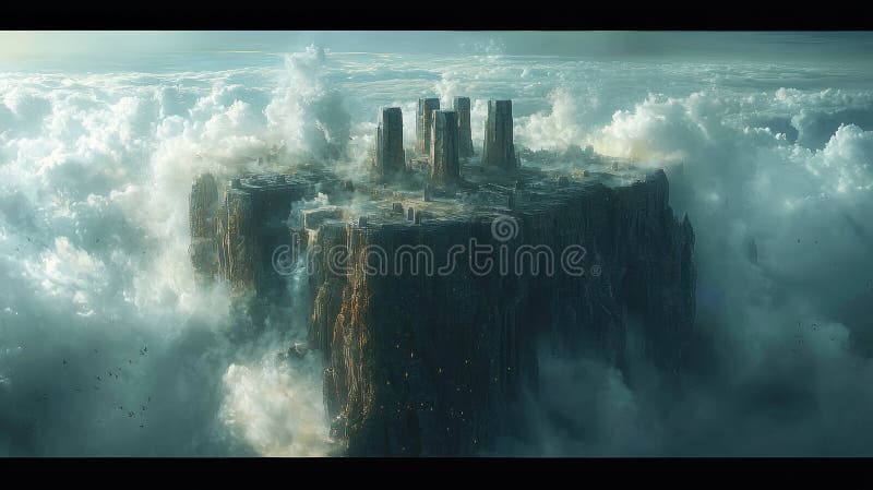 Mysterious Floating Island with Ancient Structures Surrounded by Clouds ...
