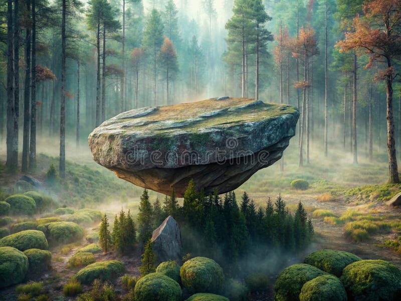 Mysterious Floating Rock in Misty Forest Stock Vector - Illustration of ...