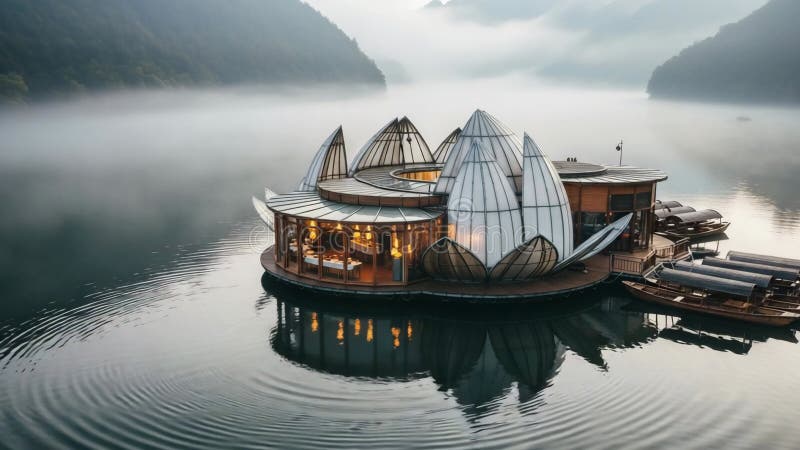 Mysterious Floating Structure Reflects on Calm Water Amidst Gentle Mist ...