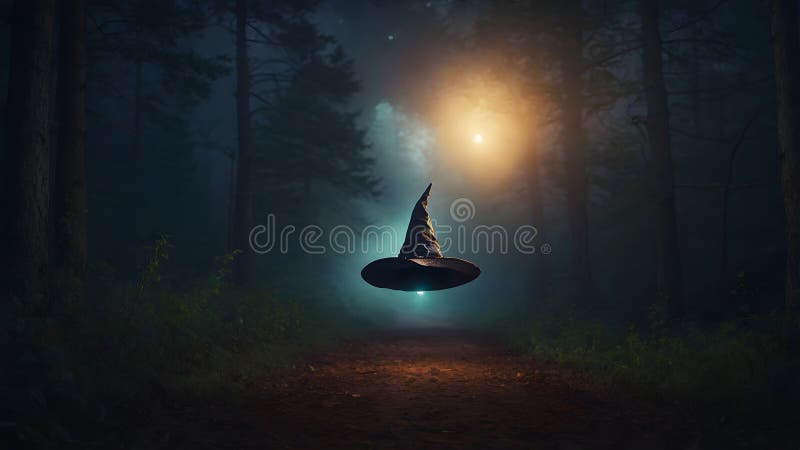 Mysterious Floating Wizard Hat in a Dark Forest Illuminated by Glowing ...