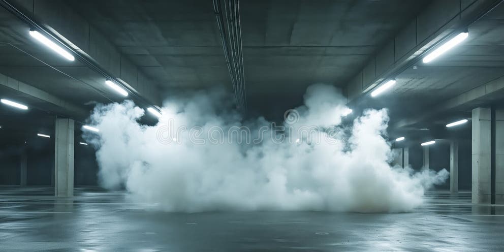 Mysterious Fog in Empty Underground Parking Garage with Dramatic ...