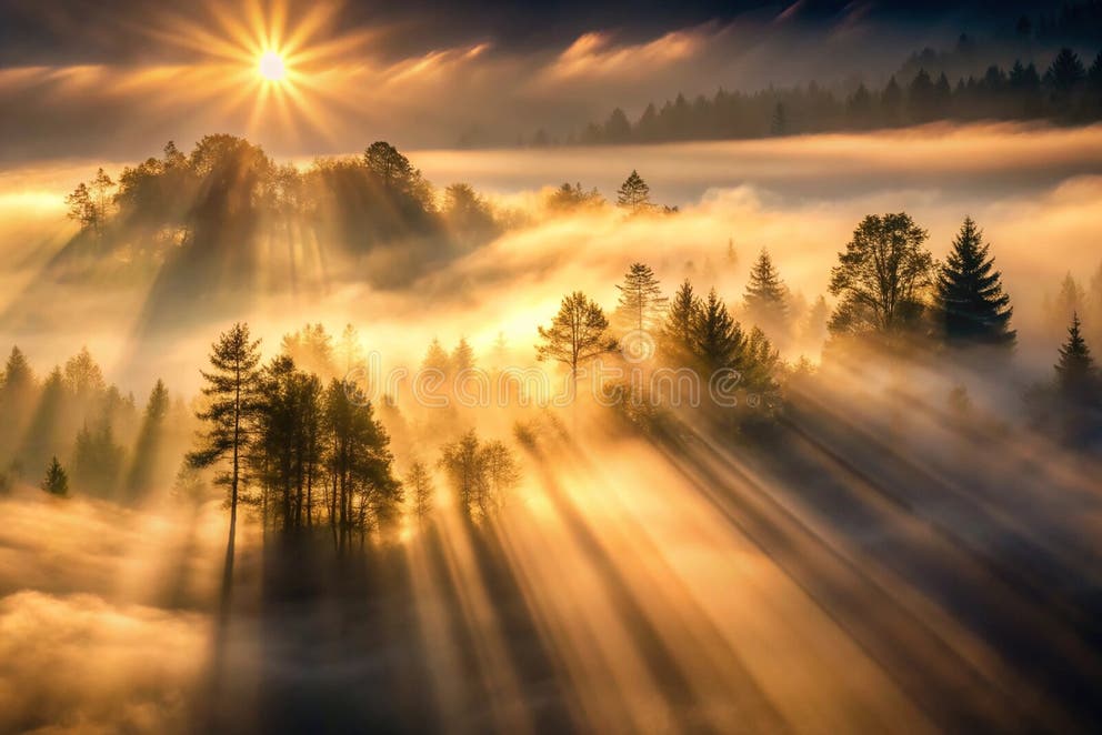 Mysterious Fog Patterns with Dramatic Beam of Light Stock Illustration ...
