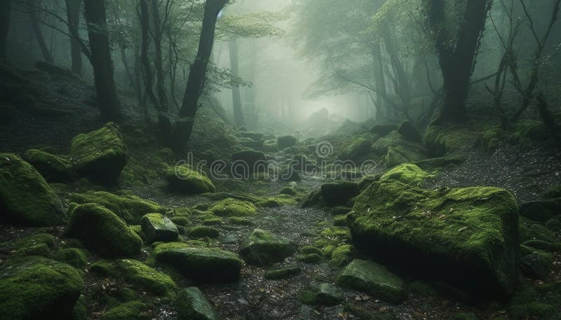 Mysterious Fog Shrouds Tranquil Forest Scene Beauty Generated by AI ... Mysterious Fog Shrouds Tranquil Forest Scene Beauty Generated by AI ...