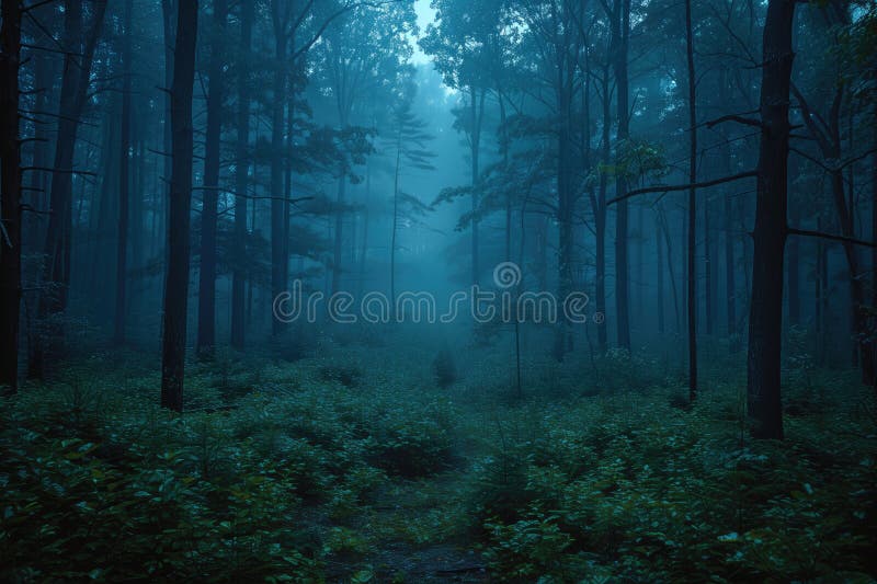 Mysterious Foggy Dark Forest at Night Stock Illustration - Illustration ...