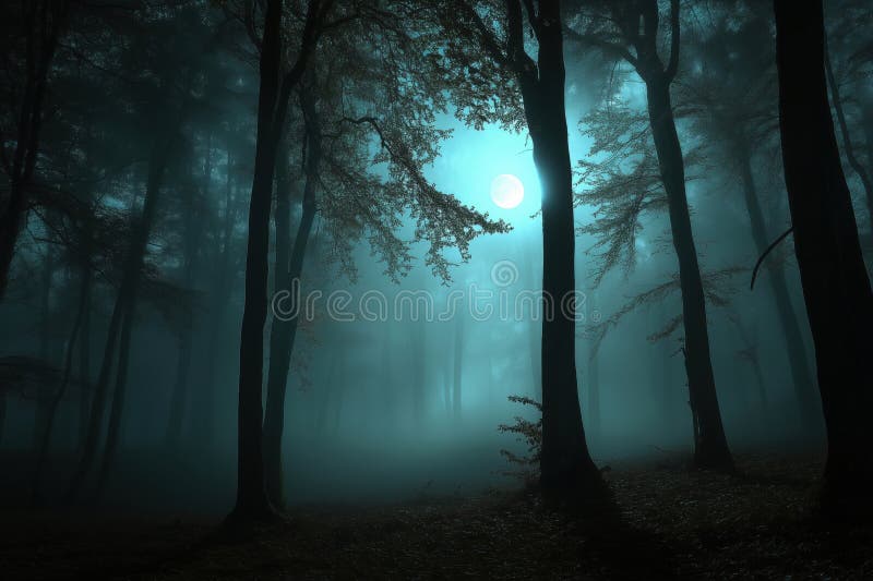 Mysterious Foggy Forest with Moonlight Illuminating Trees Stock Photo ...