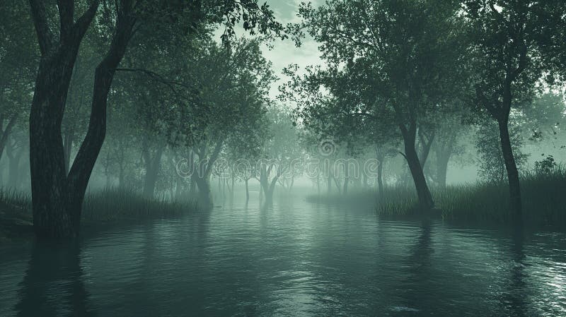 Mysterious Foggy Forest River Scene Stock Photo - Image of river ...