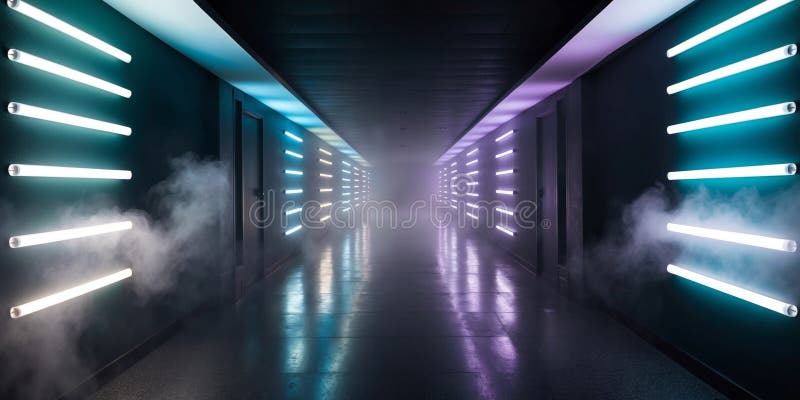 Mysterious Foggy Hallway with Glowing Lights at Night. Stock Image ...