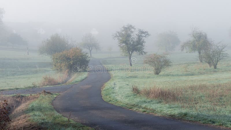 Mysterious Foggy Landscape of a Green Field with a Pathway Stock Photo ...