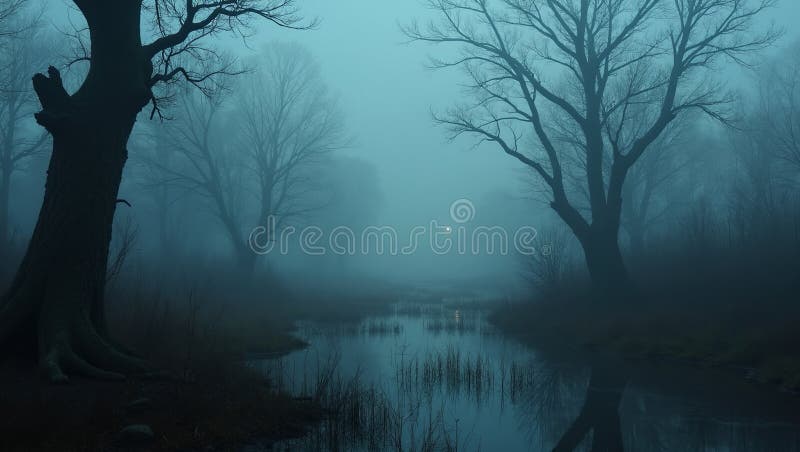 Mysterious Foggy Marsh with Eerie Lights Twisted Trees Stock ...