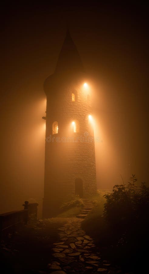 Mysterious Foggy Tower Illuminated at Night with Glowing Lights Stock ...
