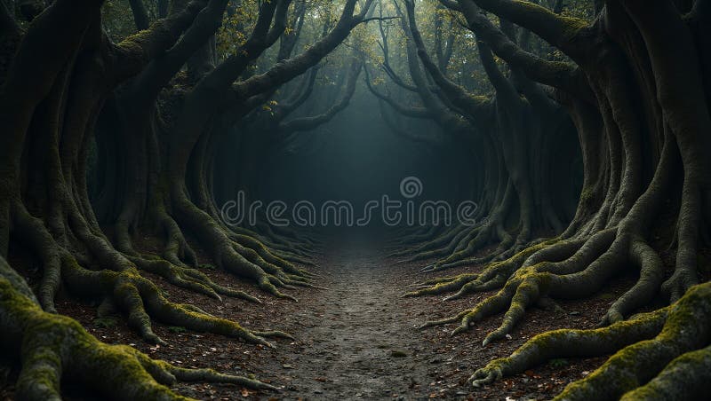 Mysterious Forest Clearing with Twisted Roots and Moss Stock ...