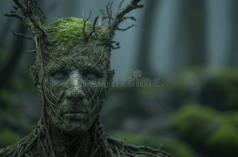Mysterious Forest Creature with Moss-covered Face Stock Illustration ...