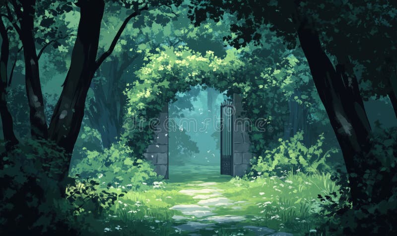 Mysterious Forest Gate Surrounded by Lush Greenery, Stone Archway, Soft ...