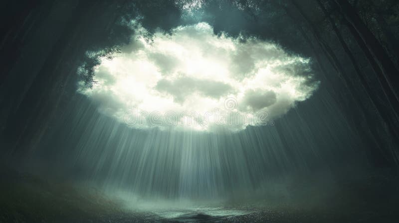 Mysterious Forest with Glowing Cloud and Light Rays Stock Photo - Image ...