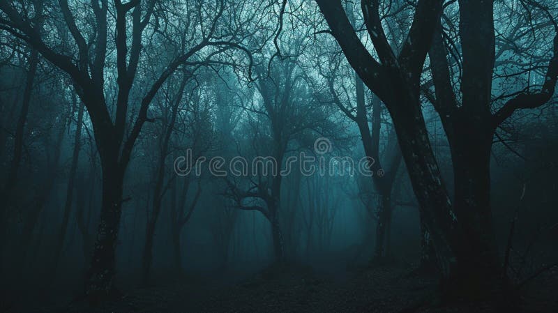 Mysterious Forest Landscape with Spooky Trees Silhouettes Overgrown ...