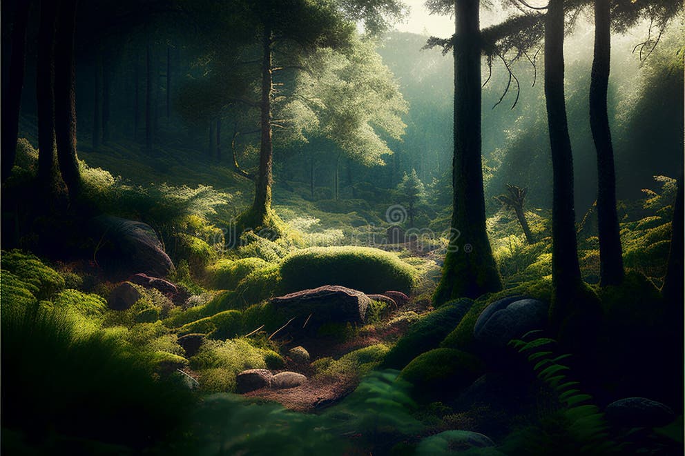 Mysterious Forest with Moss and Ferns. Nature Composition Stock ...