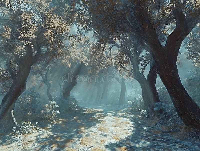 Mysterious Forest Path with Ethereal Light and Shadow Stock ...