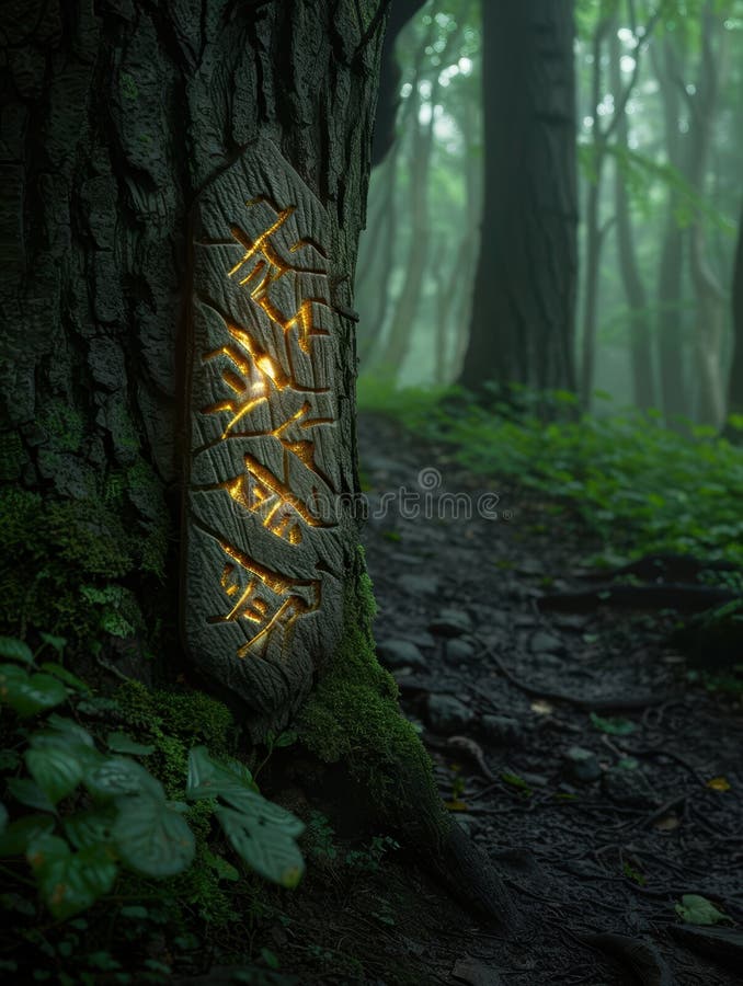 Mysterious Forest Path with Glowing Runes on Tree Stock Illustration ...