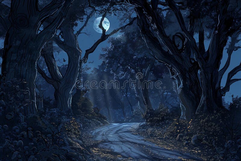 Mysterious Forest Path Illuminated by Moonlight with Twisted Trees and ...