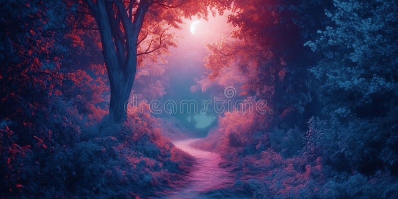 Mysterious Forest Path Illuminated by Moonlight and Vibrant Colors ...