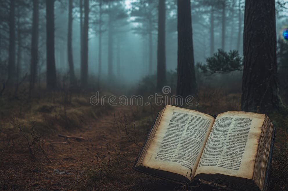 Mysterious Forest Path with an Open Book Resting on the Ground at ...