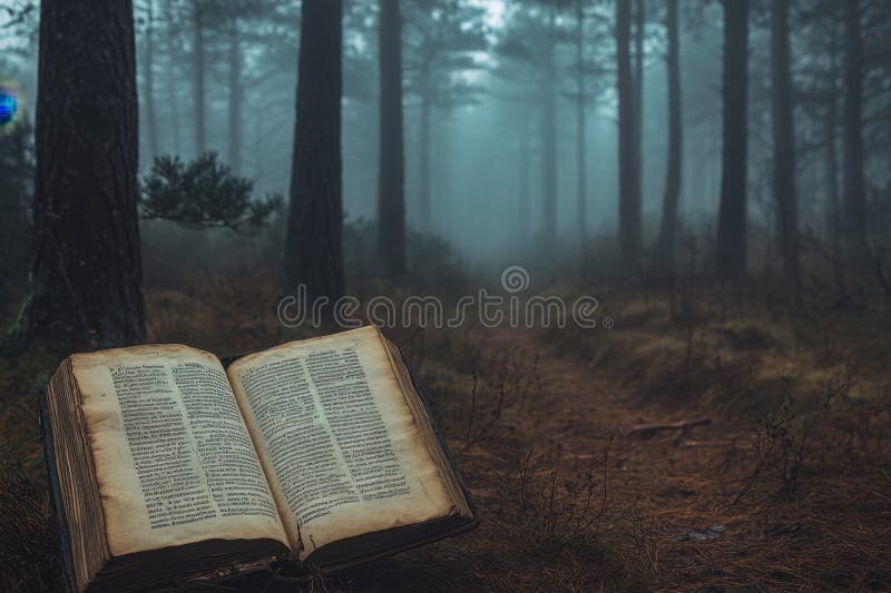 Mysterious Forest Path with an Open Book Resting on the Ground at ...