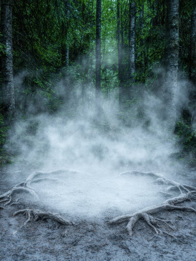 Mysterious Forest Path Shrouded in Mist Stock Illustration ...