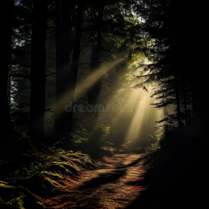 Mysterious Forest Path with Sunlight Filtering through Trees Stock ...
