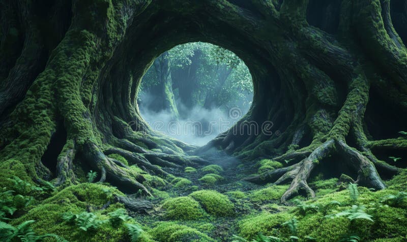 Mysterious Forest Pathway through Ancient Trees with Moss and Fog Stock Photo - Image of forest ...