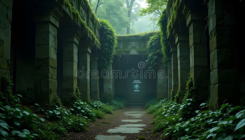 Mysterious Forest Pathway Surrounded by Ancient Columns and Lush ...