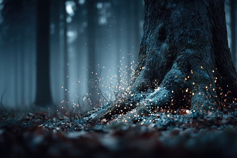Mysterious Forest Scene with Glowing Particles Surrounding the Roots of ...