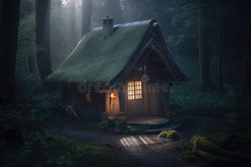 Mysterious Forest with a Small Hut, and Light Shining through Its ...