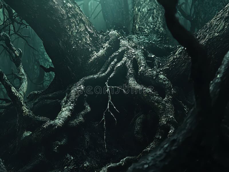 Mysterious Forest with Twisted Roots and Dense Fog at Twilight Stock ...