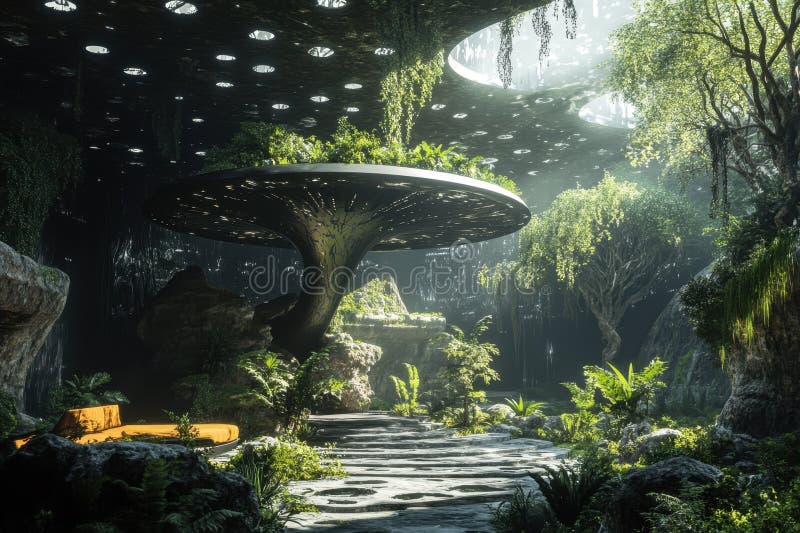 Mysterious Futuristic Garden with Unique Plant Structures and Natural ...