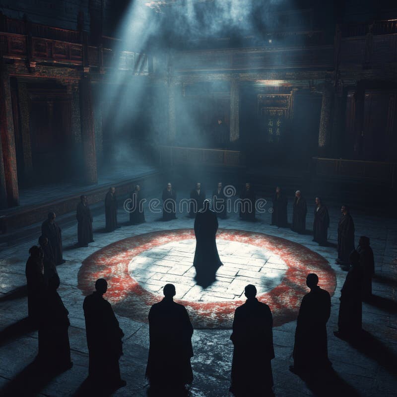 Mysterious Gathering in Ancient Temple with Dramatic Lighting and ...