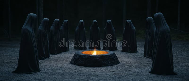 Mysterious Gathering of Hooded Figures Around a Flickering Flame in a ...