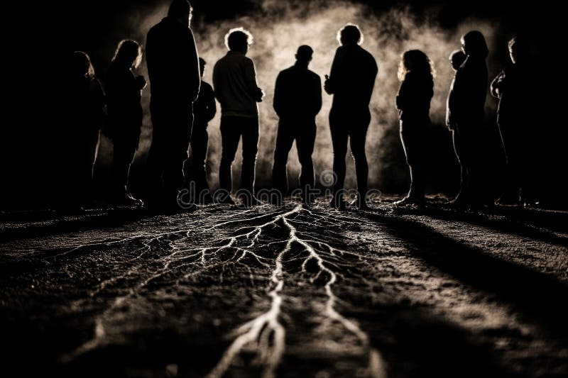 Mysterious Gathering of Silhouetted People at Night with Dramatic ...