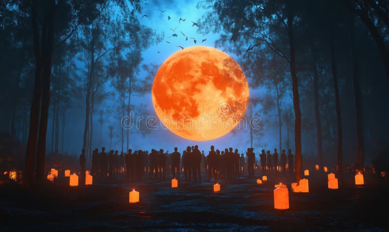 Mysterious Gathering Under a Large Orange Moon in a Dark Forest Setting ...