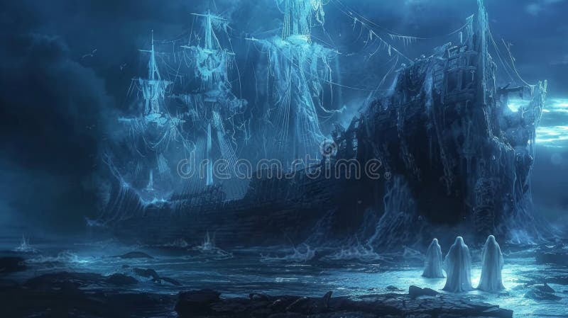 Mysterious Ghost Ship on a Dark, Moonlit Ocean Stock Image - Image of ...