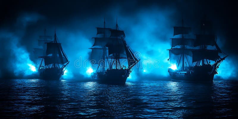 Mysterious Ghost Ships at Night a Dark Blue Ocean Scene Stock ...