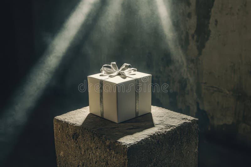 Mysterious Gift Box with Ribbon in Dramatic Lighting on Stone Pedestal ...