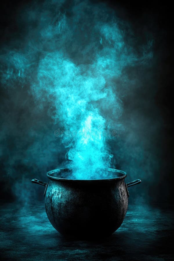Mysterious Glowing Blue Smoke Rising from Enchanted Cauldron in Dark ...