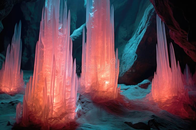 Mysterious Glowing Crystal Cave Formations Stock Photo - Image of ...