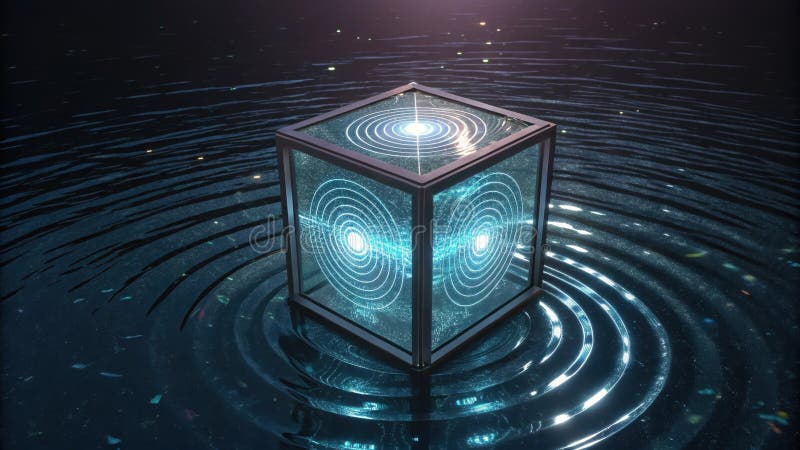Mysterious Glowing Cube Floating on Water Surface Generating Ripples at ...