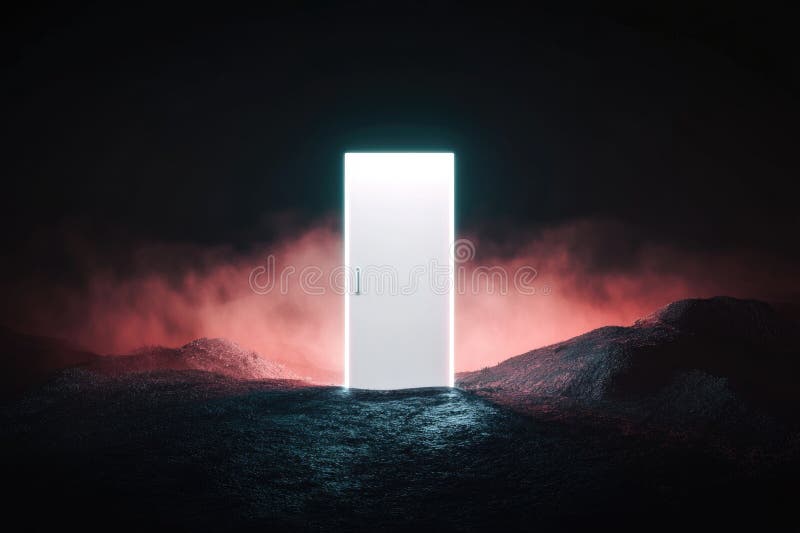 Mysterious Glowing Door in Dark Surreal Landscape with Red Mist Stock ...