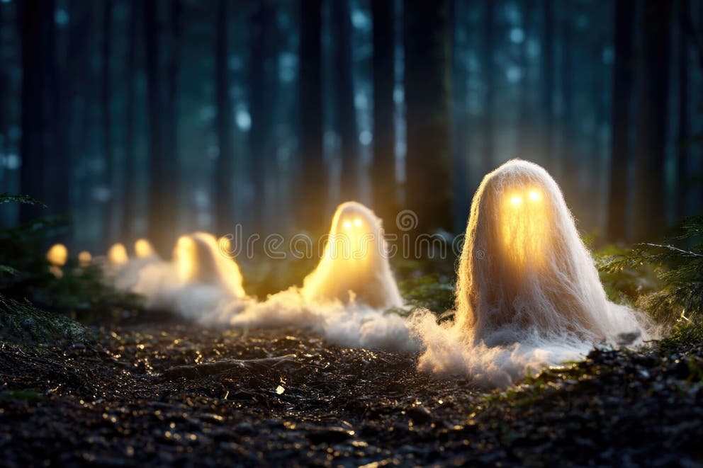 Mysterious Glowing Ghosts in Enchanted Forest at Night Stock Image ...