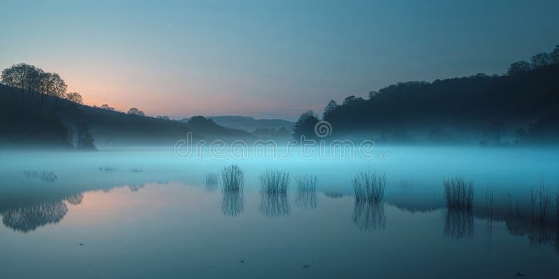 Mysterious Glowing Mist Over a Tranquil Lake at Twilight. Stock Photo - Image of glowing ...