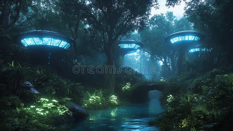 Mysterious Glowing Objects Hover Above a Lush Forest Stream Stock Illustration - Illustration of ...